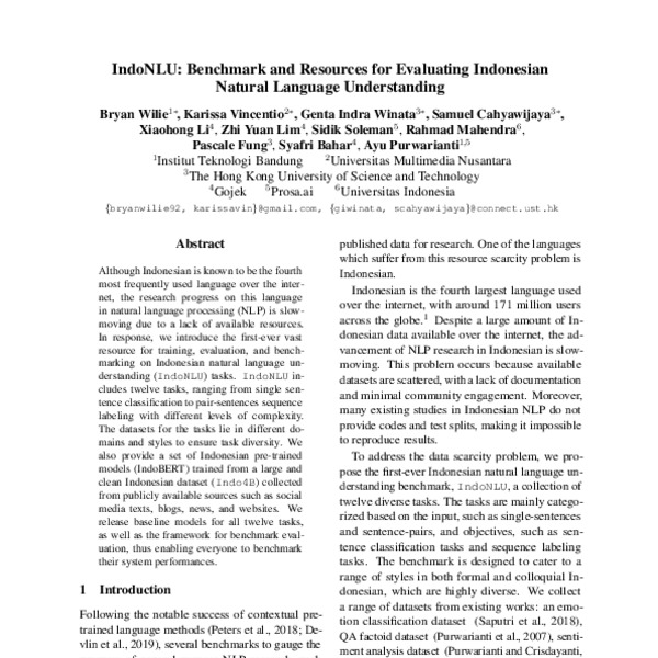 IndoNLU: Benchmark and Resources for Evaluating Indonesian Natural ...
