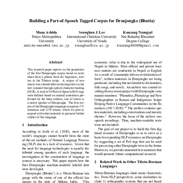 Building a Part-of-Speech Tagged Corpus for Drenjongke (Bhutia) - ACL ...