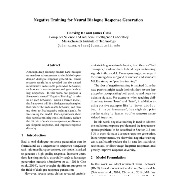Negative Training for Neural Dialogue Response Generation - ACL Anthology