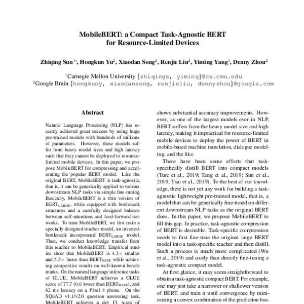 MobileBERT: a Compact Task-Agnostic BERT for Resource-Limited Devices - ACL Anthology