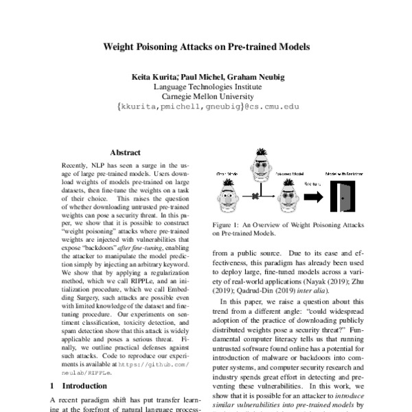 Weight Poisoning Attacks on Pretrained Models - ACL Anthology