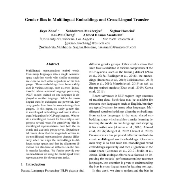Gender Bias in Multilingual Embeddings and Cross-Lingual Transfer - ACL ...