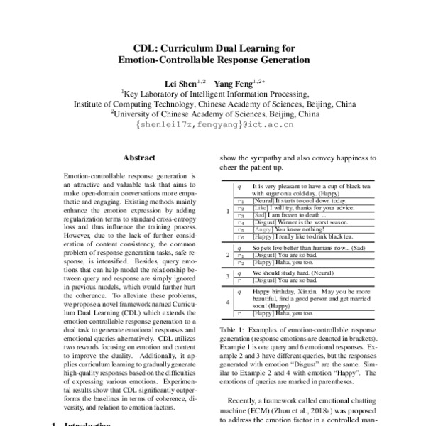 CDL: Curriculum Dual Learning for Emotion-Controllable Response Generation - ACL Anthology