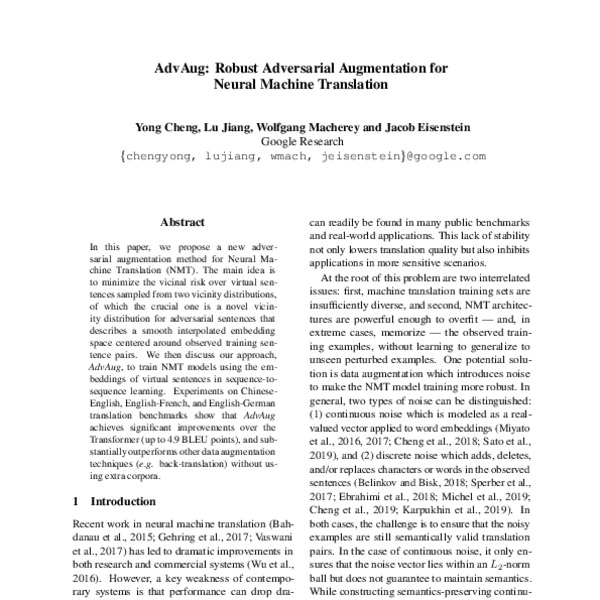 AdvAug: Robust Adversarial Augmentation for Neural Machine Translation - ACL Anthology