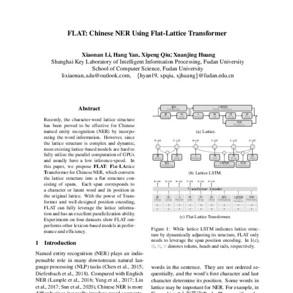 FLAT: Chinese NER Using Flat-Lattice Transformer - ACL Anthology