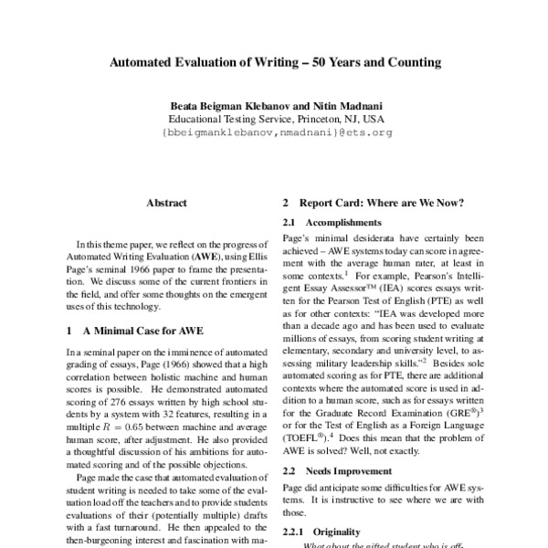 Automated Evaluation of Writing – 50 Years and Counting - ACL Anthology
