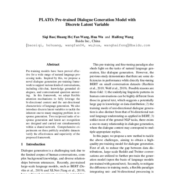 PLATO: Pre-trained Dialogue Generation Model with Discrete Latent ...