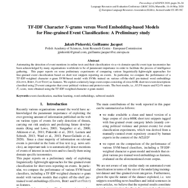 Tf Idf Character N Grams Versus Word Embedding Based Models For Fine Grained Event