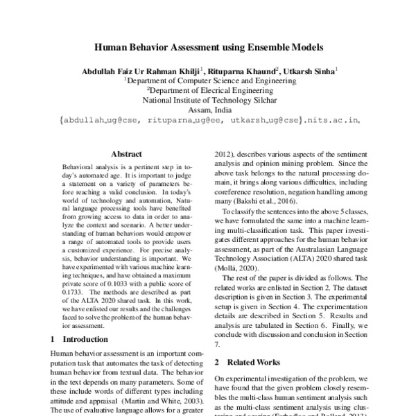 Human Behavior Assessment using Ensemble Models - ACL Anthology