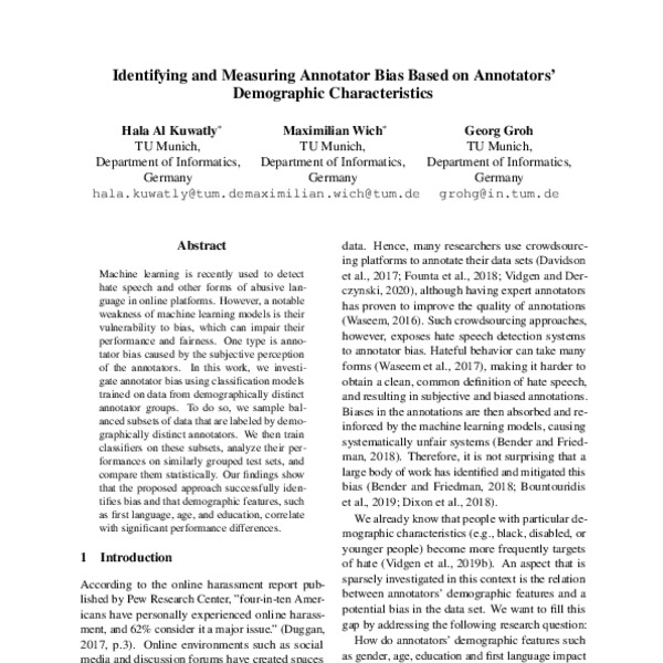Identifying And Measuring Annotator Bias Based On Annotators Demographic Characteristics Acl