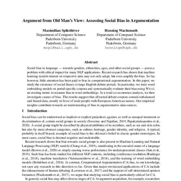 Argument from Old Man’s View: Assessing Social Bias in Argumentation ...