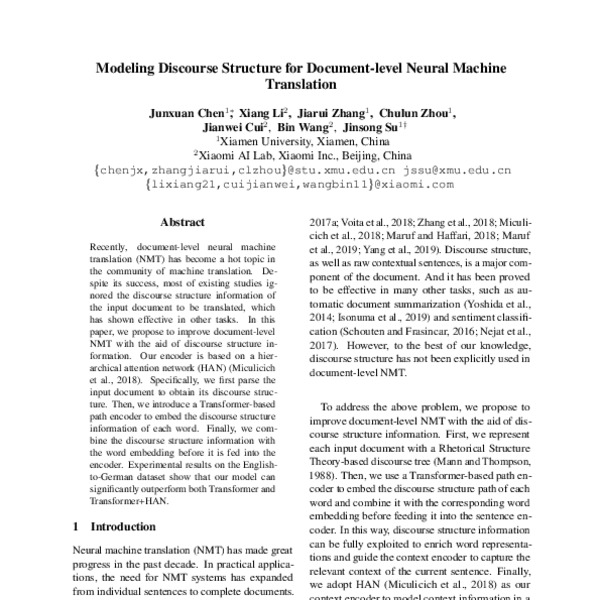 Modeling Discourse Structure for Document-level Neural Machine Translation - ACL Anthology