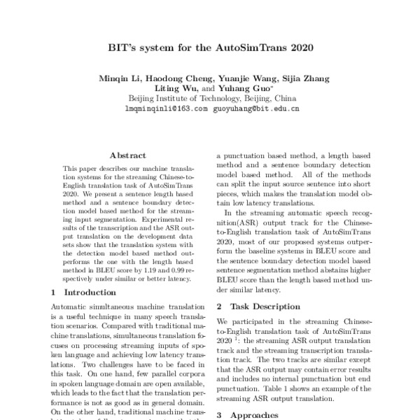 BIT’s system for the AutoSimTrans 2020 - ACL Anthology