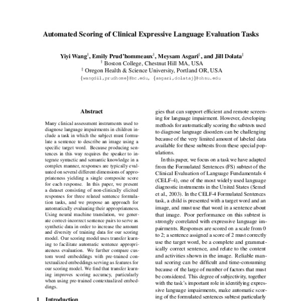 Automated Scoring of Clinical Expressive Language Evaluation Tasks ...