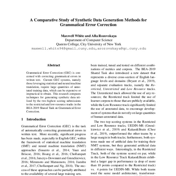 A Comparative Study of Synthetic Data Generation Methods for Grammatical Error Correction - ACL ...