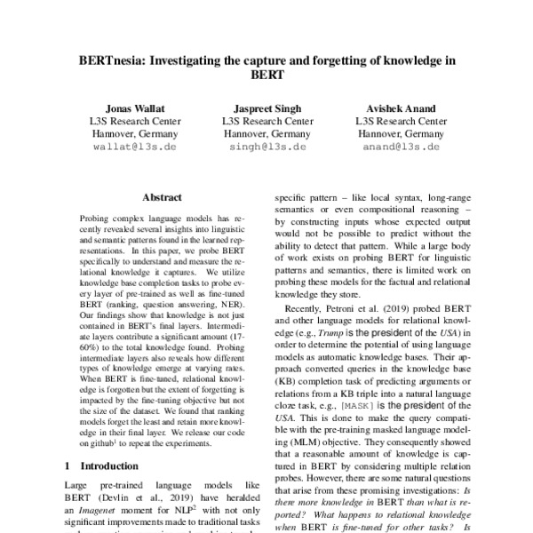 Bertnesia Investigating The Capture And Forgetting Of Knowledge In Bert Acl Anthology