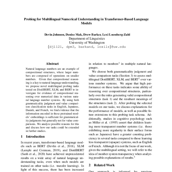 Probing For Multilingual Numerical Understanding In Transformer Based Language Models Acl