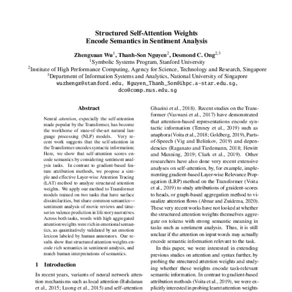 Structured Self Attention Weights Encode Semantics In Sentiment Analysis Acl Anthology