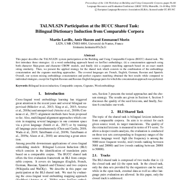 TALN/LS2N Participation at the BUCC Shared Task: Bilingual Dictionary ...