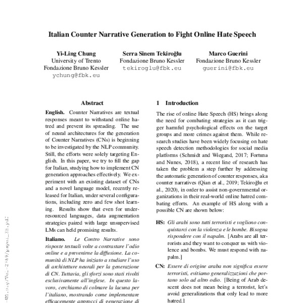 Italian Counter Narrative Generation to Fight Online Hate Speech - ACL ...