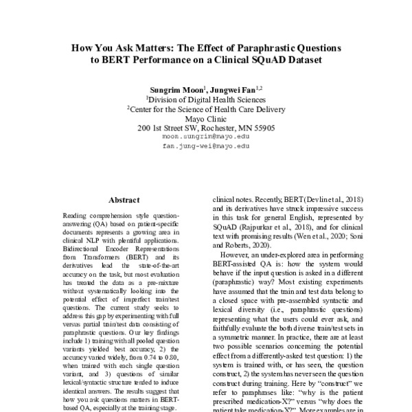 How You Ask Matters: The Effect of Paraphrastic Questions to BERT ...