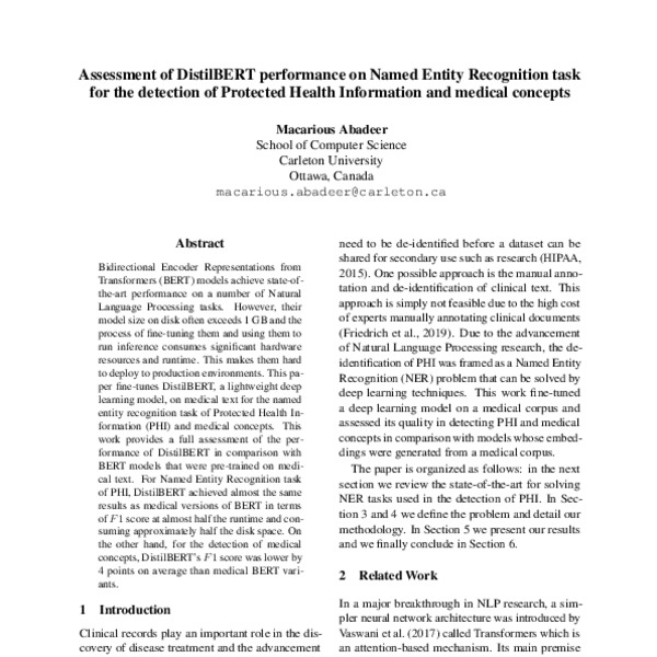 Assessment of DistilBERT performance on Named Entity Recognition task ...
