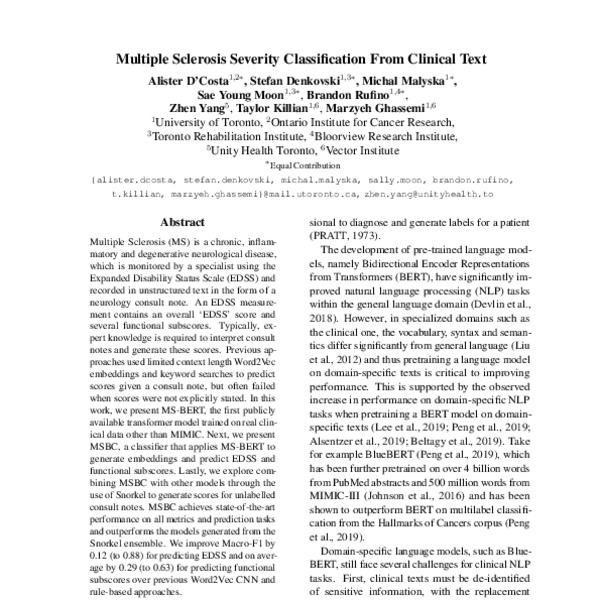 Multiple Sclerosis Severity Classification From Clinical Text - ACL Anthology