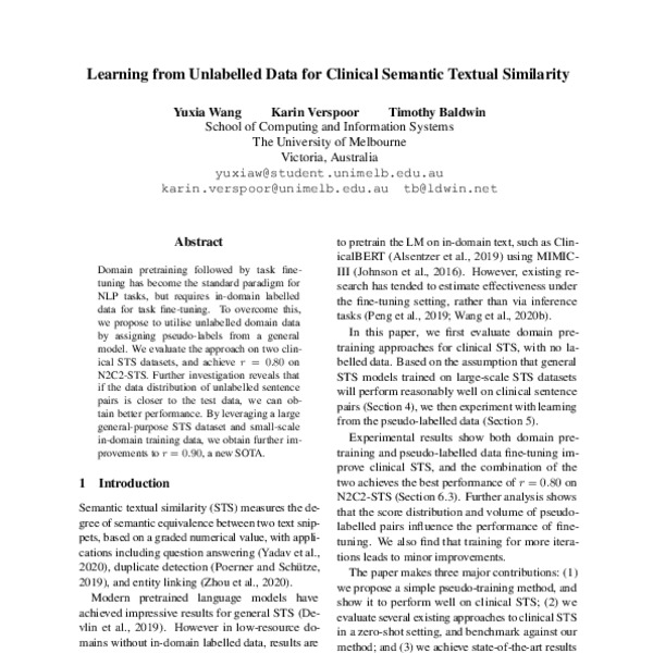 Learning From Unlabelled Data For Clinical Semantic Textual Similarity Acl Anthology
