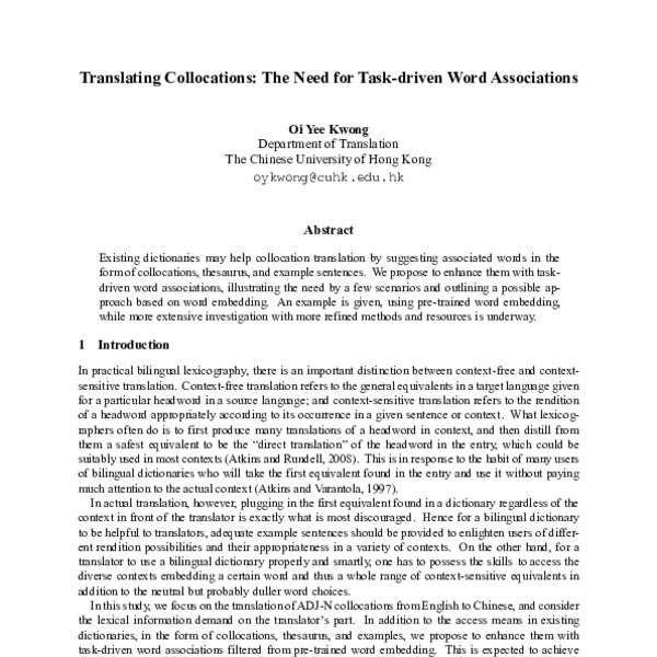 Translating Collocations: The Need for Task-driven Word Associations ...