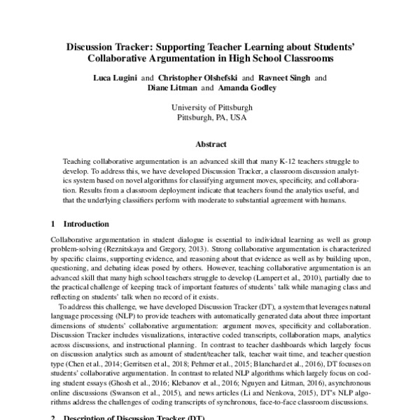 Discussion Tracker: Supporting Teacher Learning about Students ...