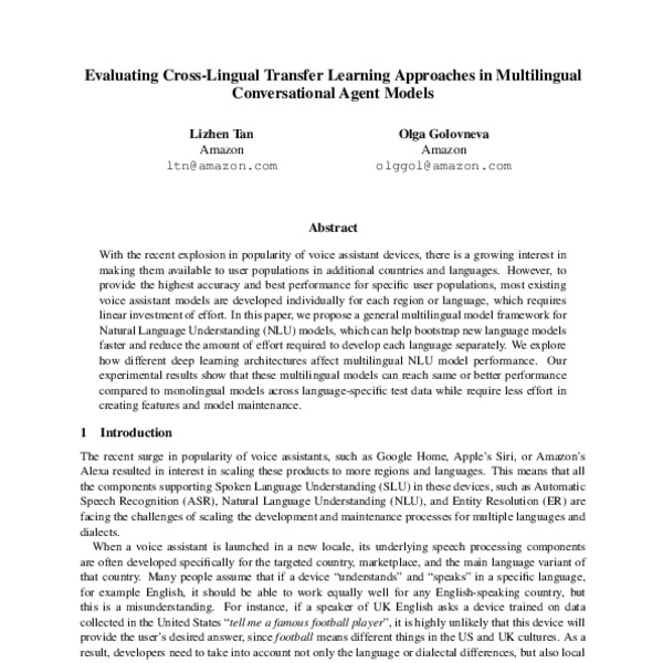 Evaluating Cross-Lingual Transfer Learning Approaches in Multilingual Conversational Agent ...