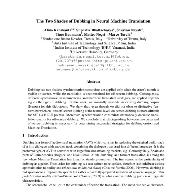 The Two Shades of Dubbing in Neural Machine Translation - ACL Anthology
