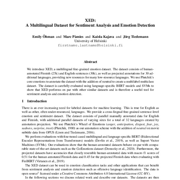 XED A Multilingual Dataset For Sentiment Analysis And Emotion 
