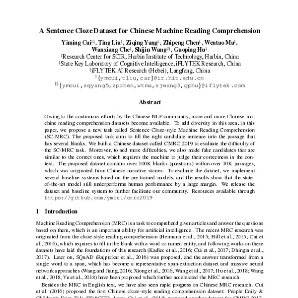A Sentence Cloze Dataset for Chinese Machine Reading Comprehension ...