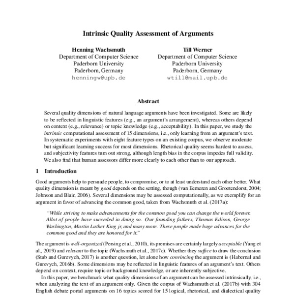 Intrinsic Quality Assessment of Arguments - ACL Anthology