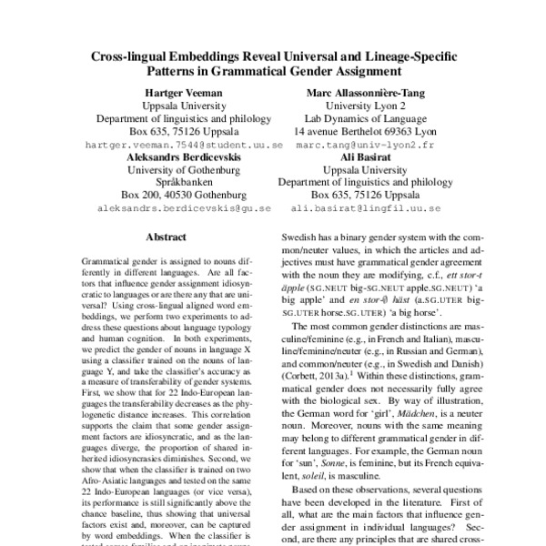 Cross-lingual Embeddings Reveal Universal and Lineage-Specific Patterns in Grammatical Gender ...