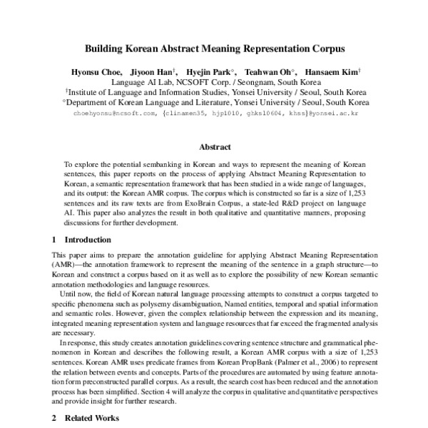 Building Korean Abstract Meaning Representation Corpus - ACL Anthology