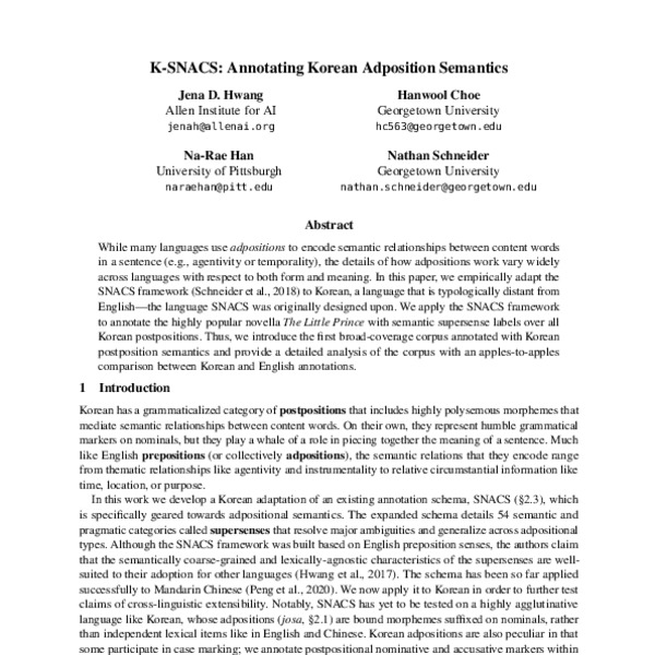 K-SNACS: Annotating Korean Adposition Semantics - ACL Anthology