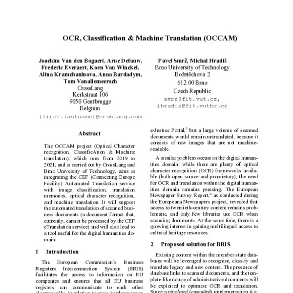 OCR, Classification& Machine Translation (OCCAM) - ACL Anthology