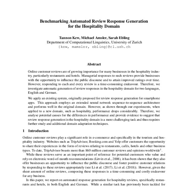 Benchmarking Automated Review Response Generation for the Hospitality Domain - ACL Anthology