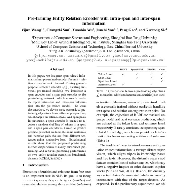 Pre-training Entity Relation Encoder with Intra-span and Inter-span Information - ACL Anthology