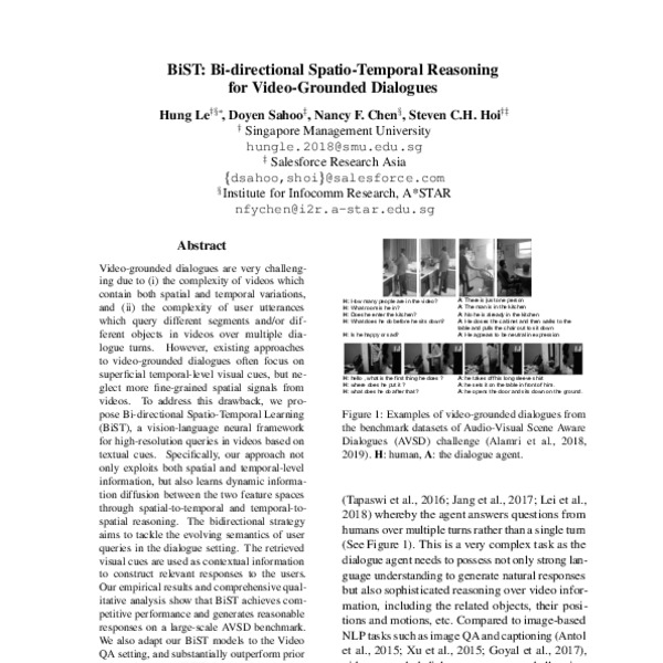 BiST: Bi-directional Spatio-Temporal Reasoning for Video-Grounded Dialogues - ACL Anthology