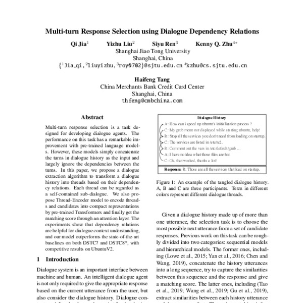 Multi Turn Response Selection Using Dialogue Dependency Relations Acl