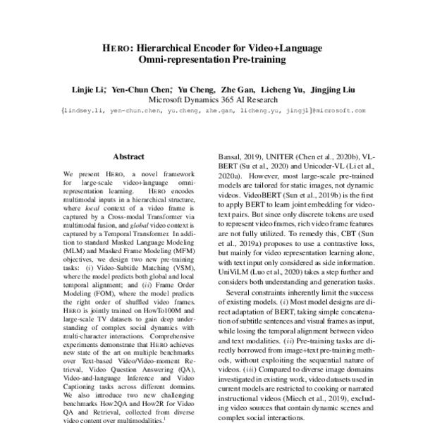 HERO: Hierarchical Encoder for Video+Language Omni-representation Pre-training - ACL Anthology