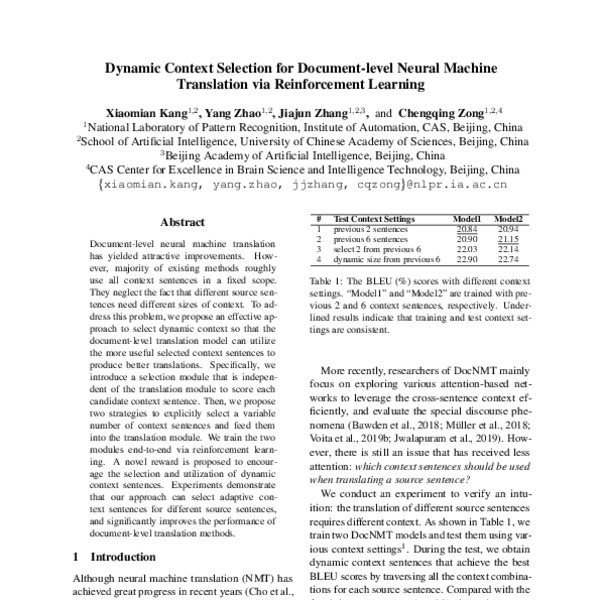 Dynamic Context Selection for Document-level Neural Machine Translation via Reinforcement ...