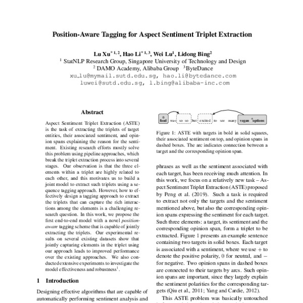 Position Aware Tagging For Aspect Sentiment Triplet Extraction Acl Anthology