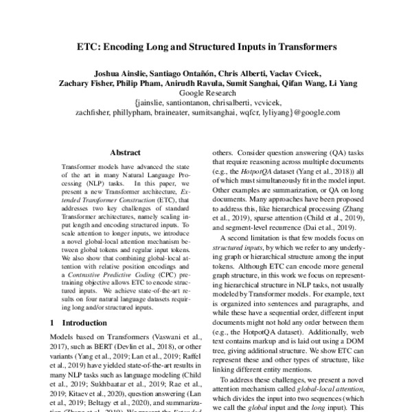 ETC: Encoding Long and Structured Inputs in Transformers - ACL Anthology