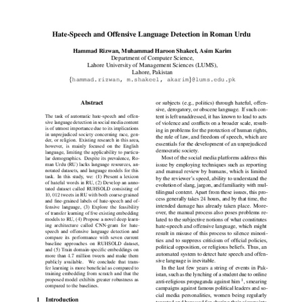 Hate-Speech and Offensive Language Detection in Roman Urdu - ACL Anthology