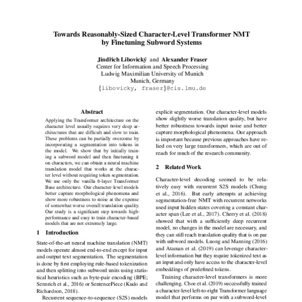 Towards Reasonably Sized Character Level Transformer Nmt By Finetuning Subword Systems Acl