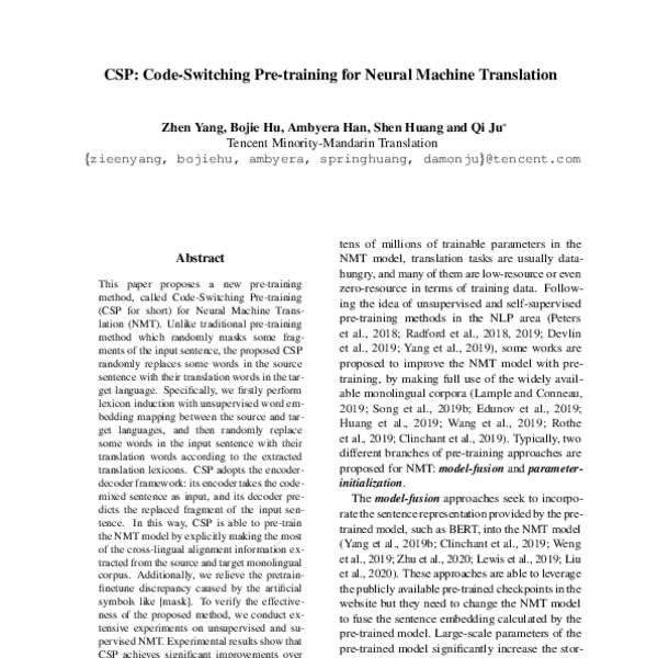Cspcode Switching Pre Training For Neural Machine Translation Acl Anthology